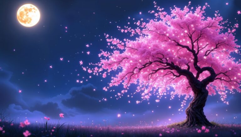 Sakura Tree in Beautiful Night Wallpaper Mural - Magic Decor