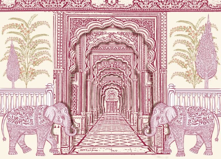 Line Art Style Royal Rajasthan Palace Gate Wallpaper Mural - Magic Decor