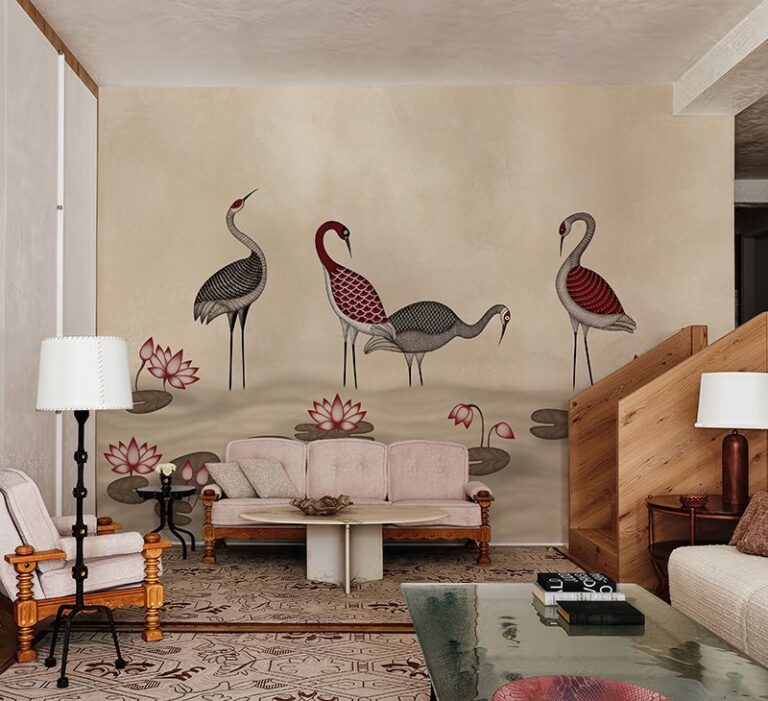Pakhi, Serene Graceful Cranes in a Lotus Pond Wallpaper Mural ...