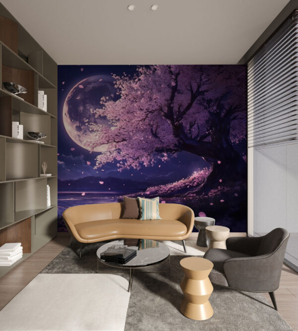 Lunablossom, Dreamy Cherry Tree Full Moon Mural Wallpaper - Magicdecor®